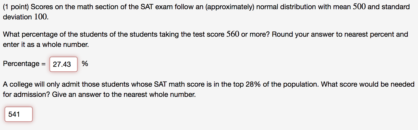 Solved (1 point) Scores on the math section of the SAT exam | Chegg.com
