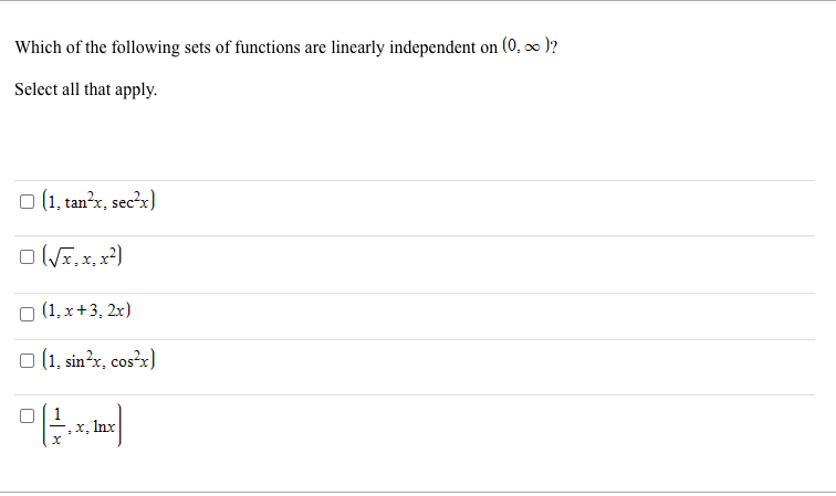Solved Which of the following sets of functions are linearly | Chegg.com