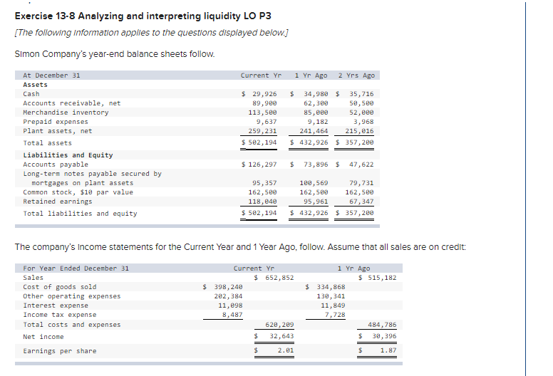 Solved Exercise 13-8 Analyzing and interpreting liquidity LO | Chegg.com