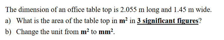 Solved The dimension of an office table top is 2.055 m long | Chegg.com