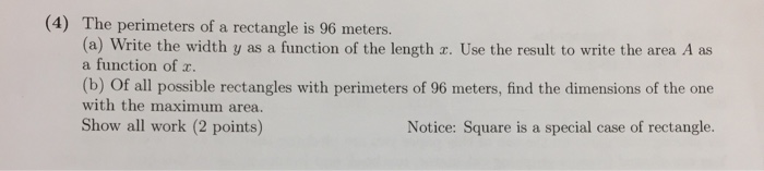 Solved The perimeters of a rectangle is 96 meters. (a) | Chegg.com