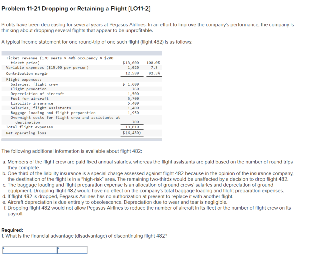 Solved Problem 11-21 Dropping or Retaining a Flight (LO11-2] | Chegg.com