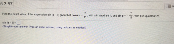 Solved Find the exact value of the expression sin (alpha - | Chegg.com
