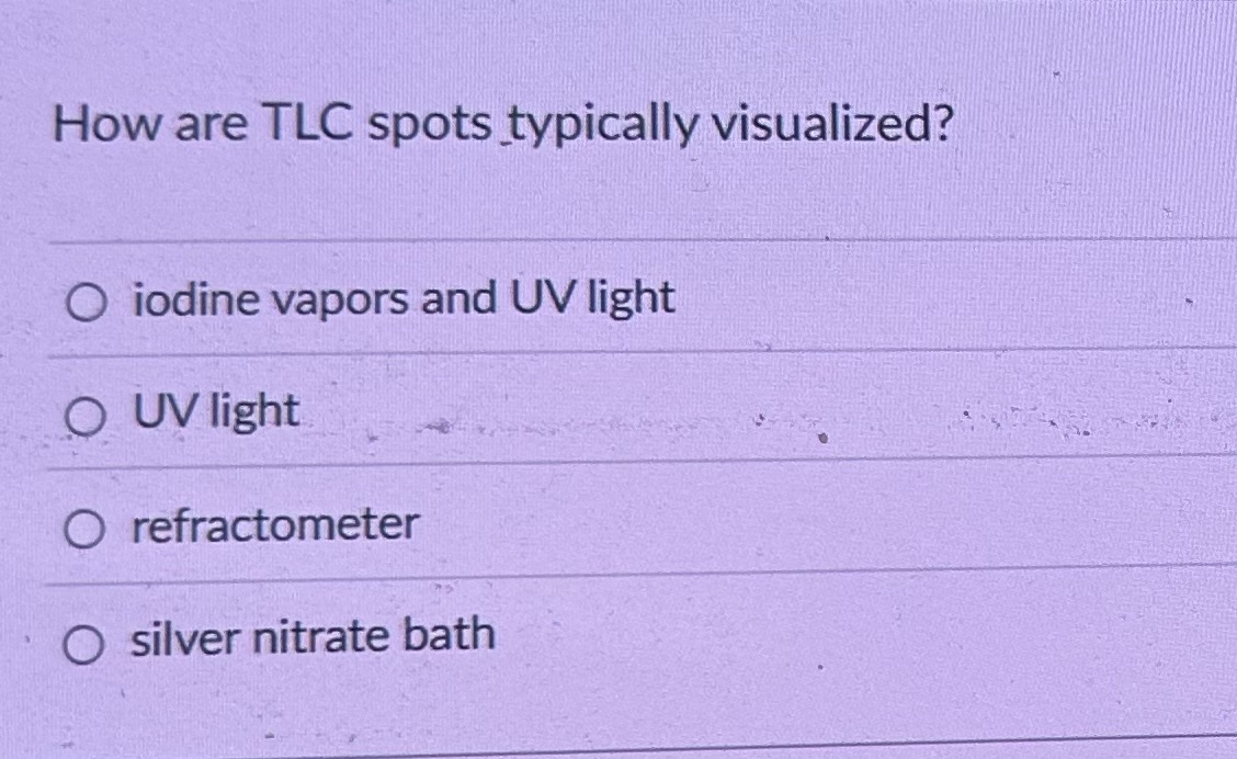 Solved How are TLC spots typically visualized?iodine vapors | Chegg.com