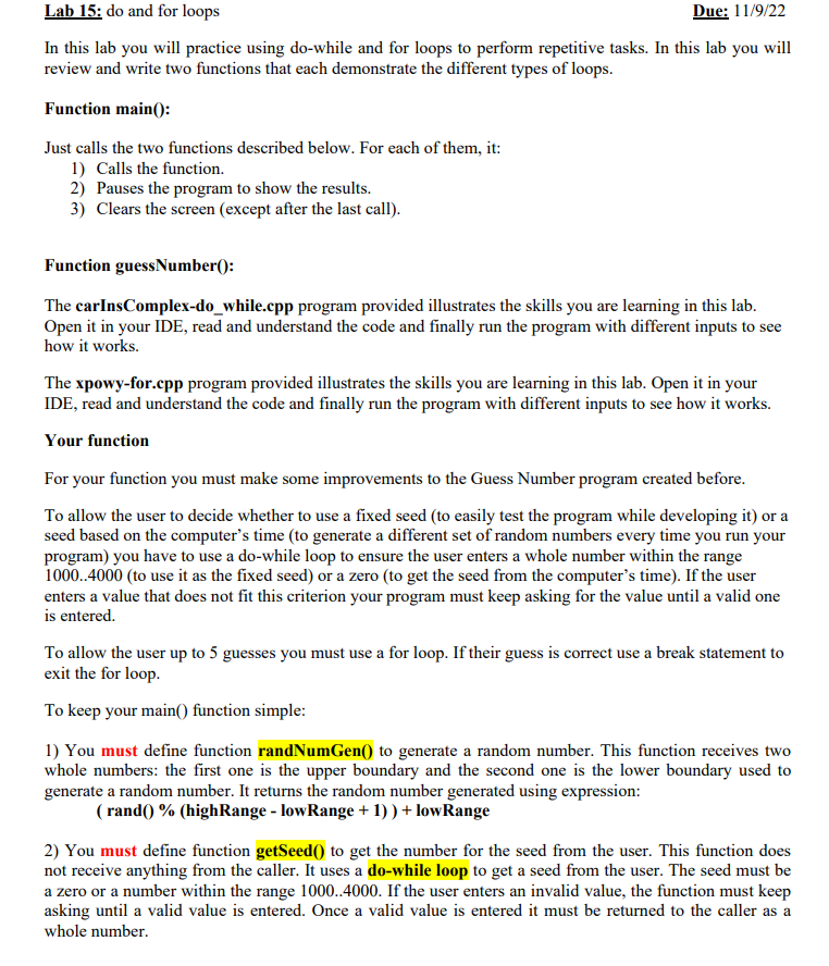 Solved Lab 15: do and for loops Due: 11/9/22 In this lab you | Chegg.com