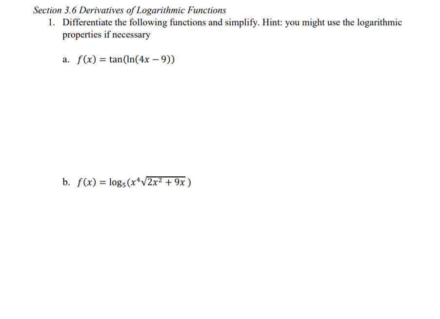 Solved Section 3.6 Derivatives of Logarithmic Functions 1. | Chegg.com