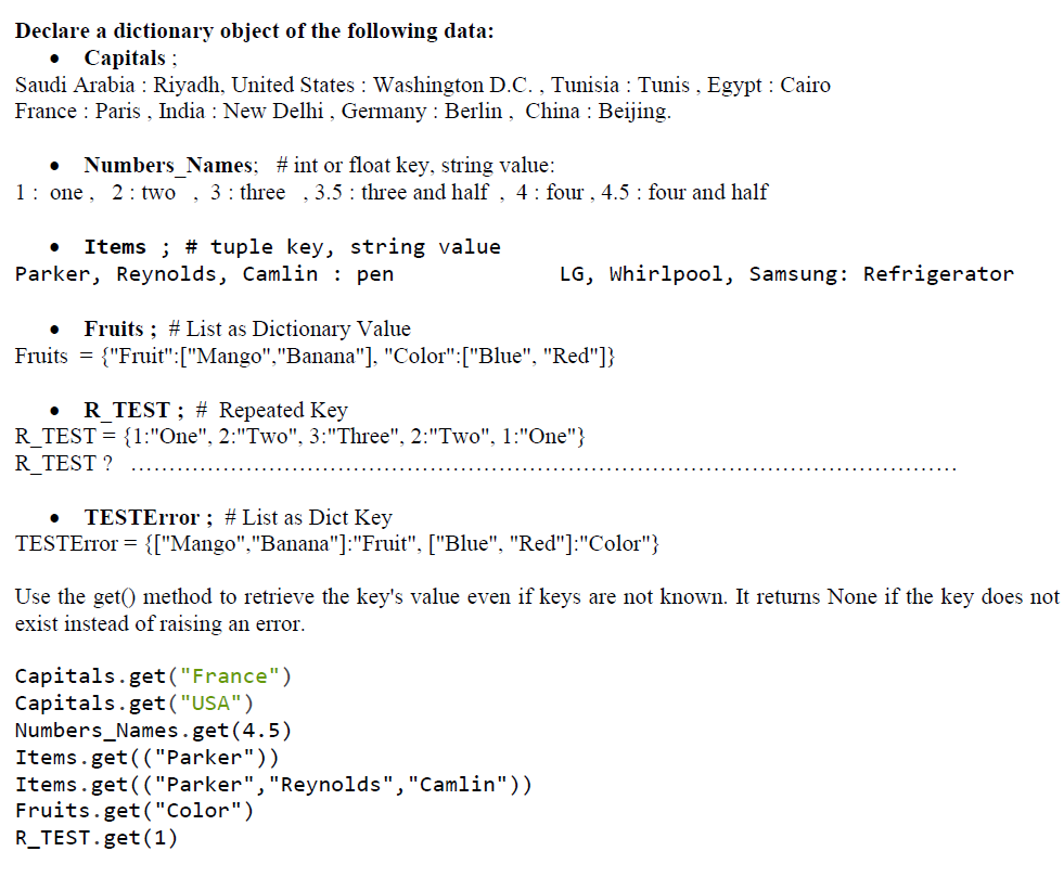 Solved . Declare a dictionary object of the following data: | Chegg.com
