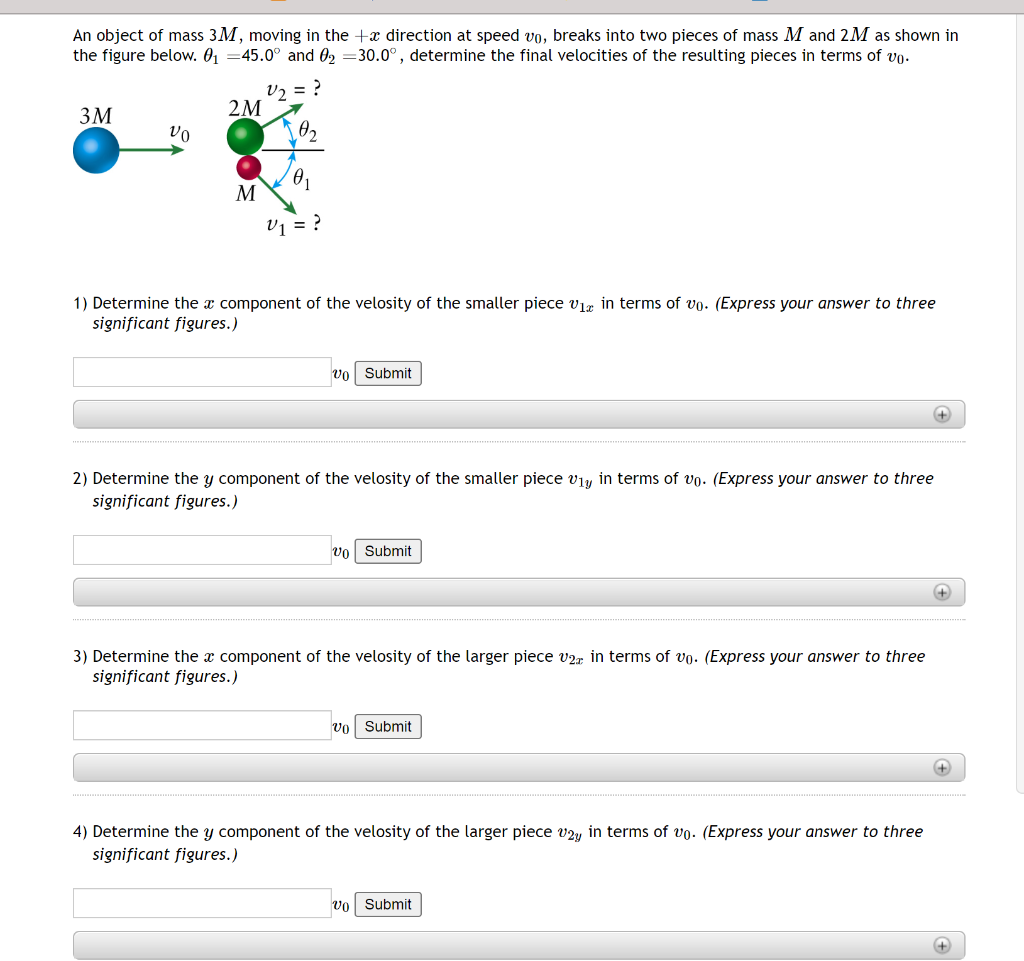 Solved An object of mass 3M, moving in the +x direction at | Chegg.com