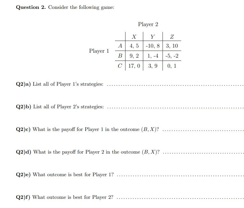 Solved Question 2. Consider the following game: Plaver 2 | Chegg.com Solved Question 2. Consider the following game: Plaver 2 | Chegg.com