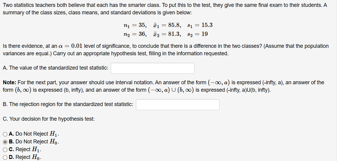 Solved Two statistics teachers both believe that each has | Chegg.com