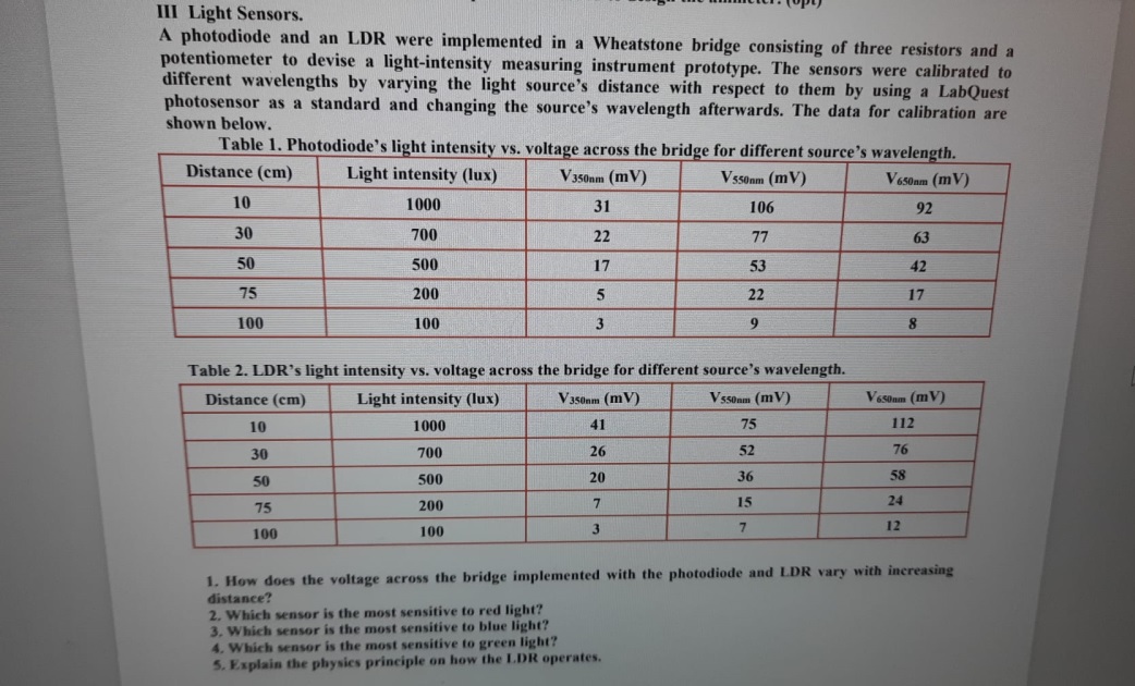Solved III Light Sensors. A photodiode and an LDR were | Chegg.com