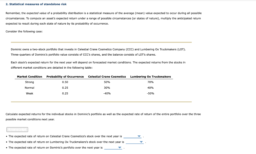 Solved 2. Statistical measures of standalone risk Remember, | Chegg.com