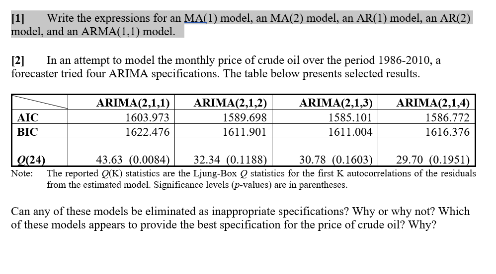 Solved [1] Write the expressions for an MA(1) model, an | Chegg.com