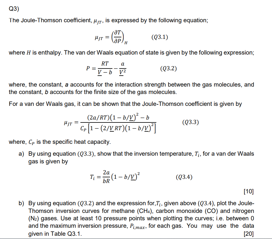 Solved Q3) The Joule-Thomson coefficient, Mjt, is expressed | Chegg.com