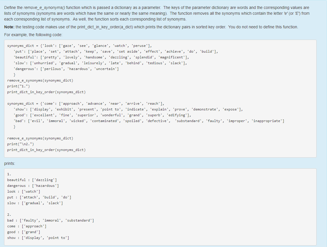 Solved Define the remove_e_synonyms() function which is | Chegg.com