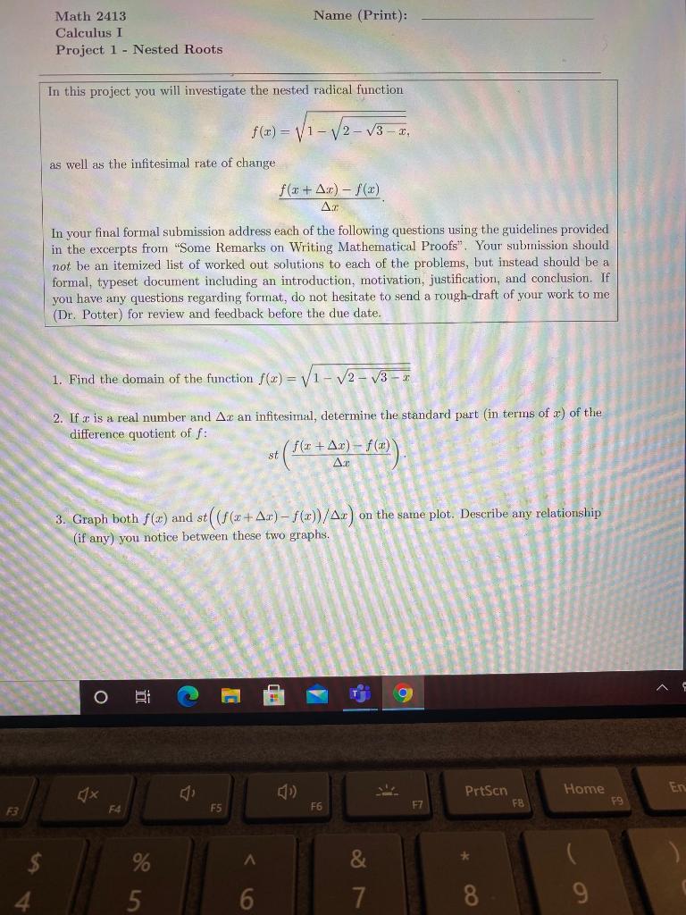 Name (Print): Math 2413 Calculus I Project 1 - Nested | Chegg.com