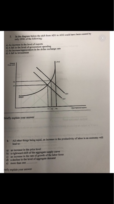 Solved 7· In the diagram below the shift from AD1 to AD2 | Chegg.com