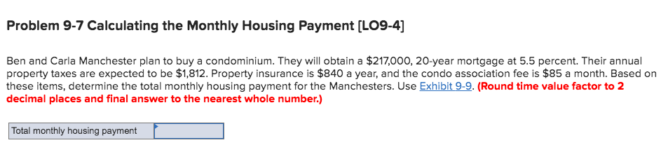 Solved Problem 9-7 Calculating the Monthly Housing Payment | Chegg.com