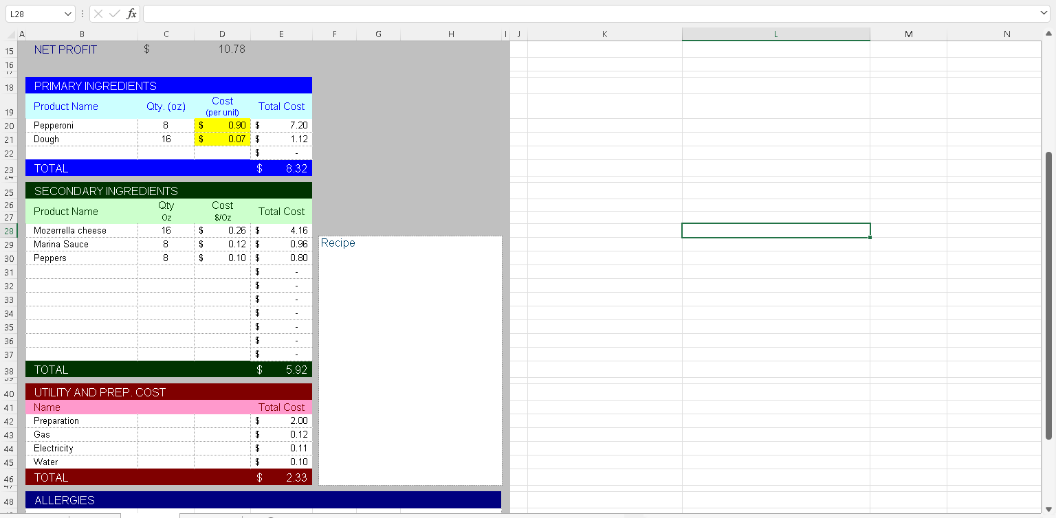 Solved Pizza Cost worksheet This spreadsheet is for | Chegg.com