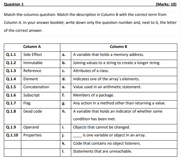 Solved Question 1 (Marks: 10) Match-the-columns question: | Chegg.com Solved Question 1 (Marks: 10) Match-the-columns question: | Chegg.com