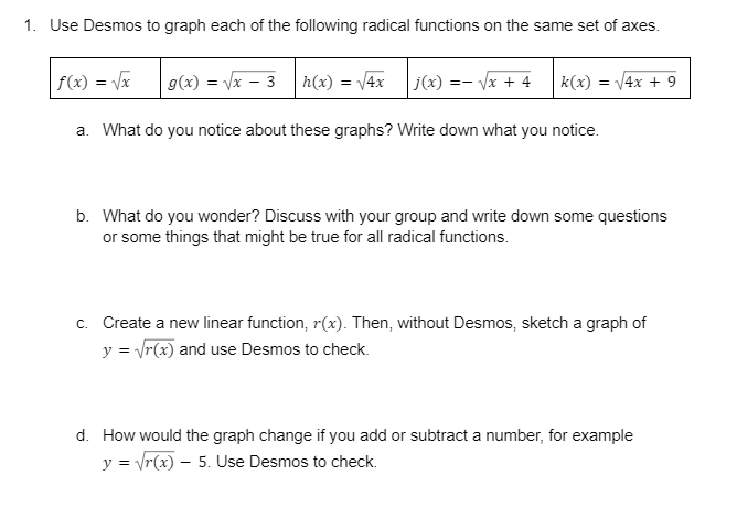 Solved 1. Use Desmos to graph each of the following radical | Chegg.com