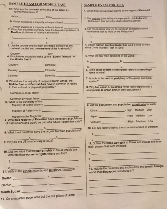 EAST SAMPLE EXAM EOR ASIA 1A. What are the two main | Chegg.com