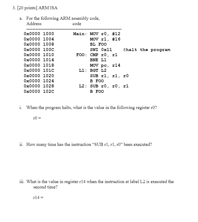 3. [20 points] ARM ISA a. For the following ARM | Chegg.com