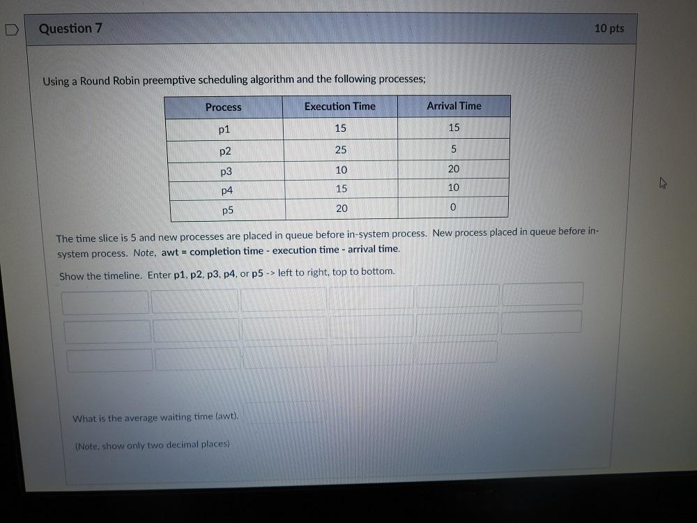Solved Question 7 10 pts Using a Round Robin preemptive | Chegg.com