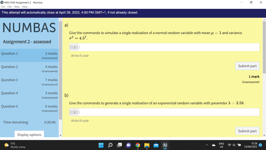 MAS1608 Assignment 2 - Numbas File Edit View Help | Chegg.com