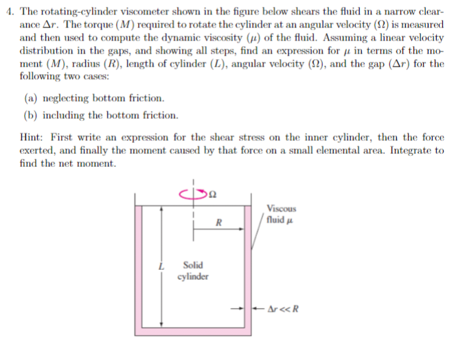 Solved 4. The rotating-cylinder viscometer shown in the | Chegg.com