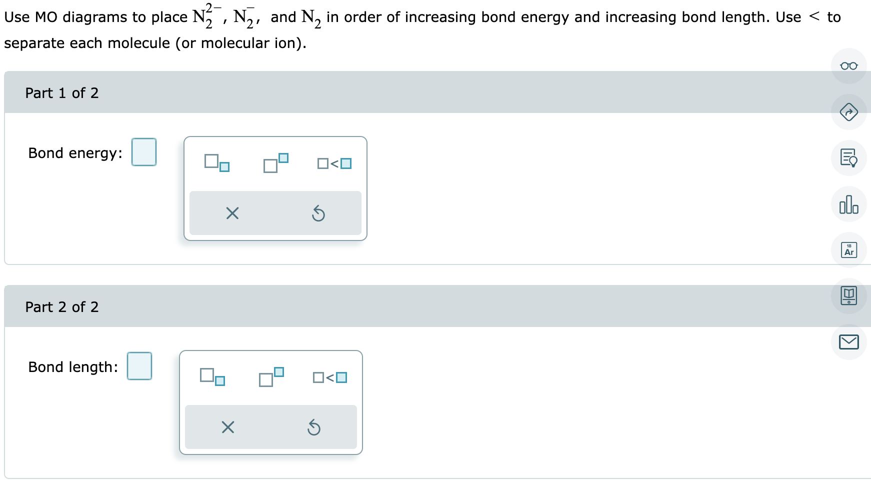 Solved Use MO diagrams to place N22−,N2−, and N2 in order of | Chegg.com