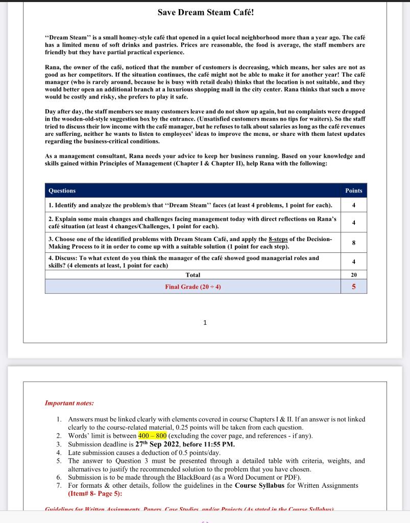 Solved "Dream Steam"' is a small homey-style café that | Chegg.com