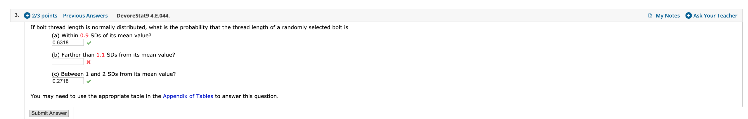 Solved 3. + 2/3 points Previous Answers DevoreStat9 4.E.044. | Chegg.com
