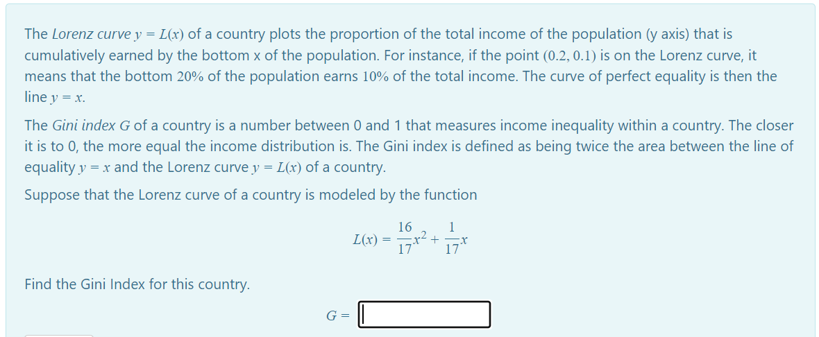 Solved The Lorenz curve y=L(x) of a country plots the | Chegg.com