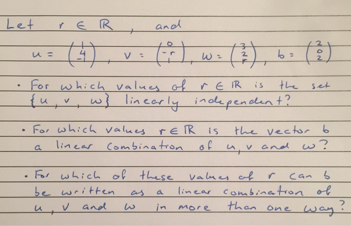 Solved Let r elementof R and u = (1 4 -1), v = (0 -r | Chegg.com
