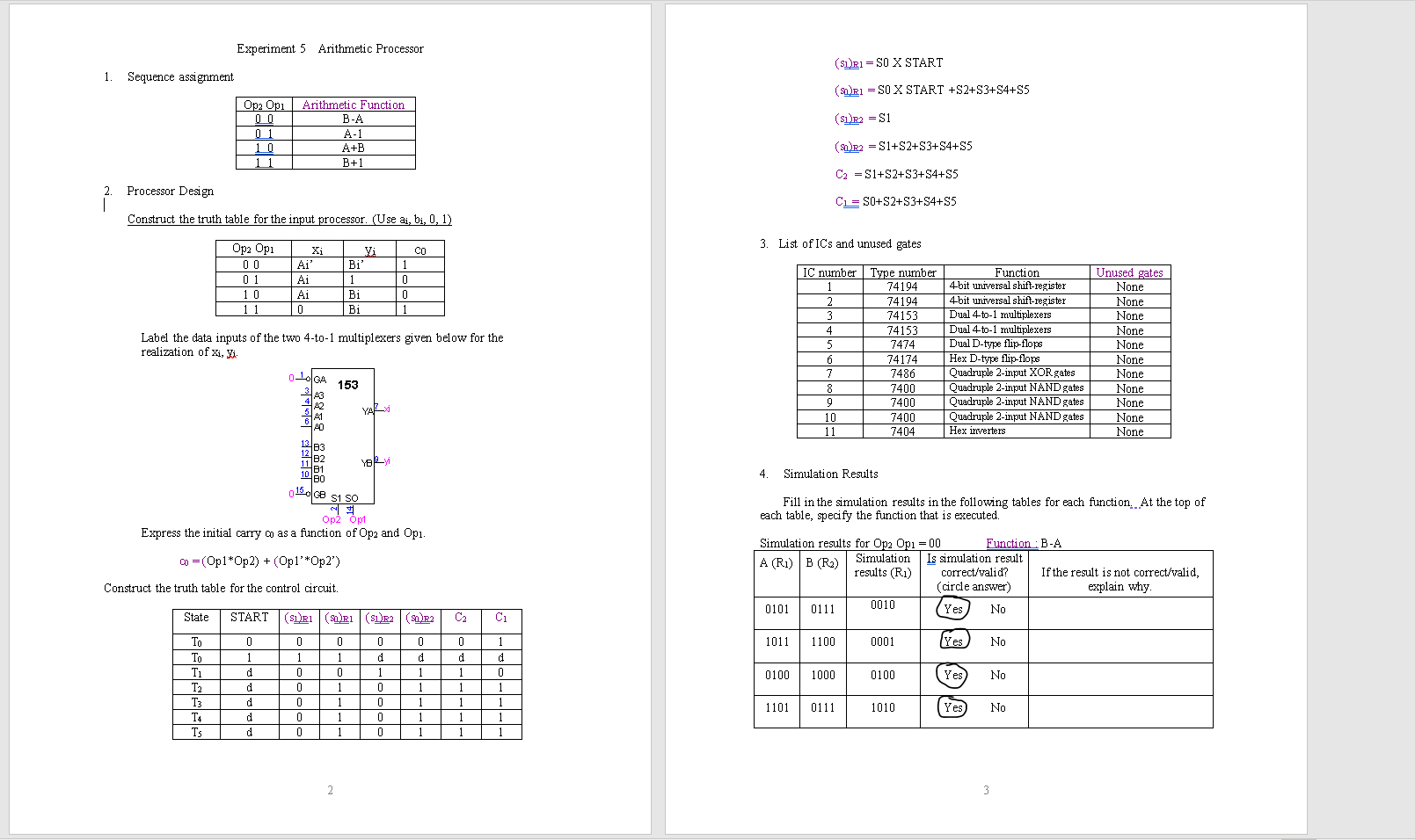 Experiment 5 Arithmetic Processor S1r1 So X Start