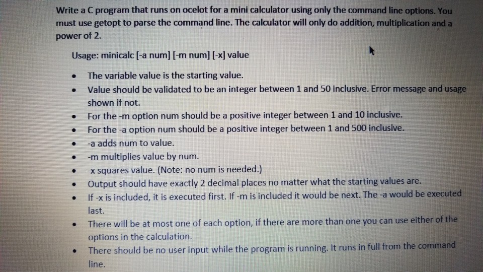 Solved Write a C program that runs on ocelot for a mini | Chegg.com