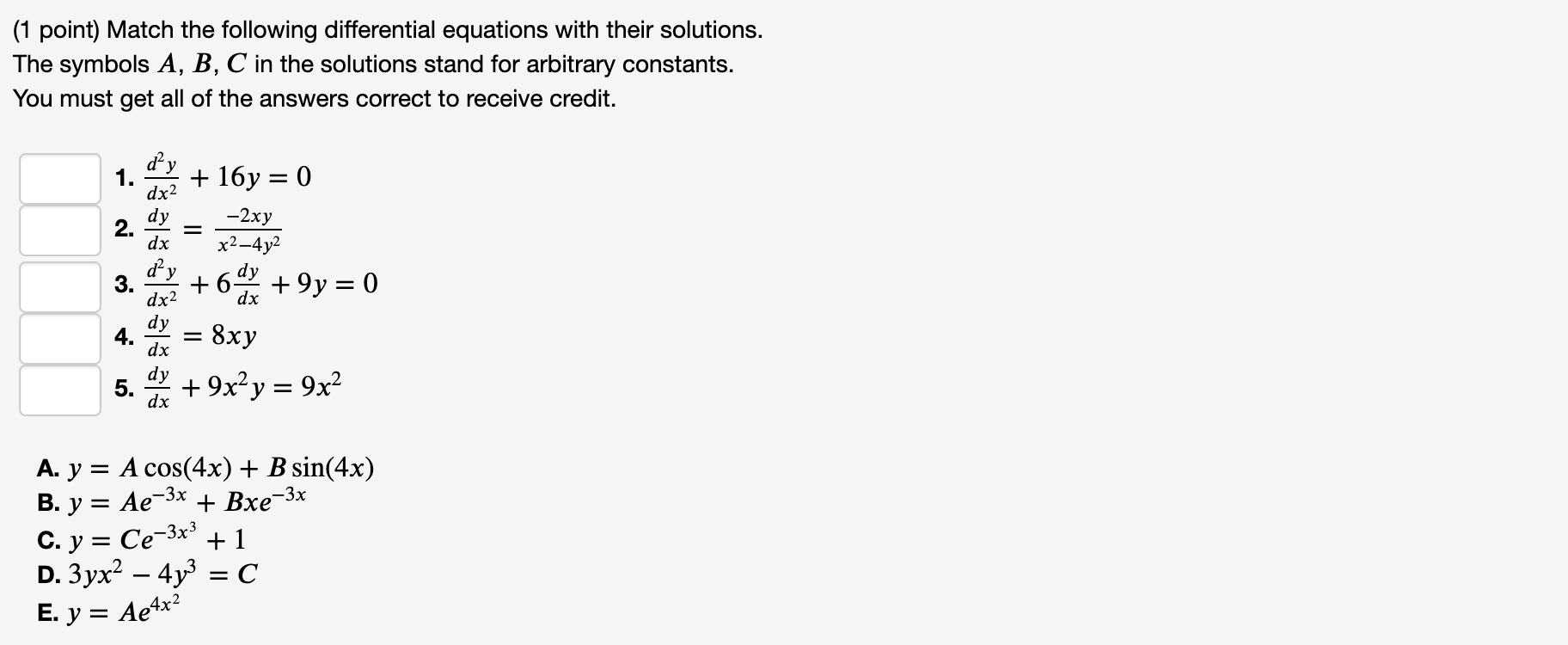 Solved (1 point) Match the following differential equations | Chegg.com
