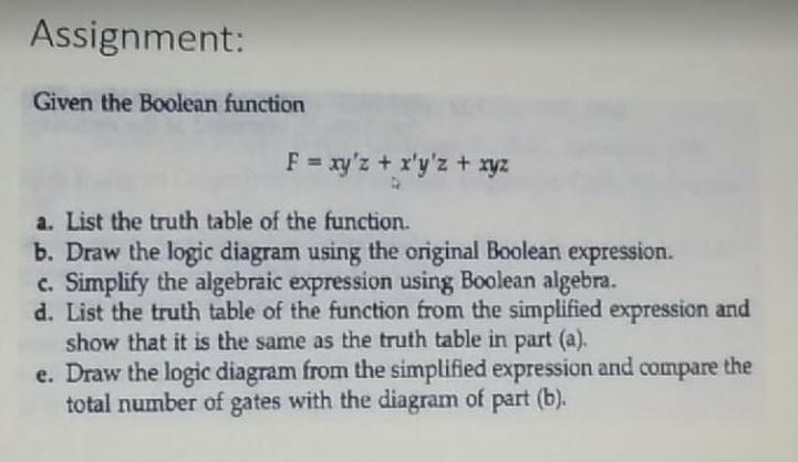 Solved Assignment Given The Boolean Function F Xyz