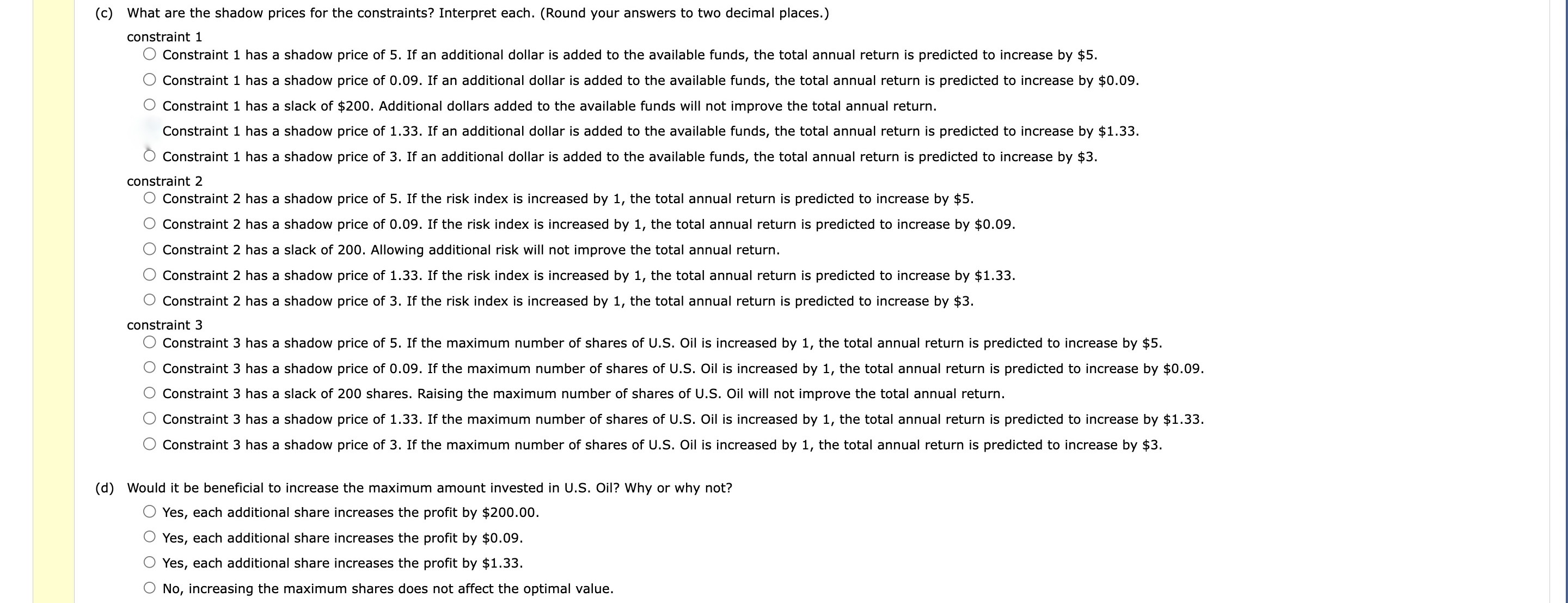 Solved (c) What are the shadow prices for the constraints? | Chegg.com