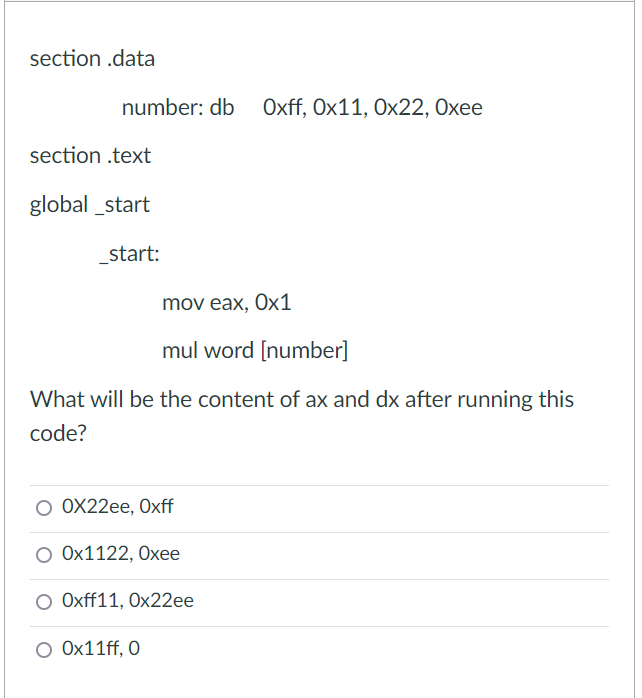 Solved section .data number: db 0xff, 0x11, 0x22, 0xee | Chegg.com