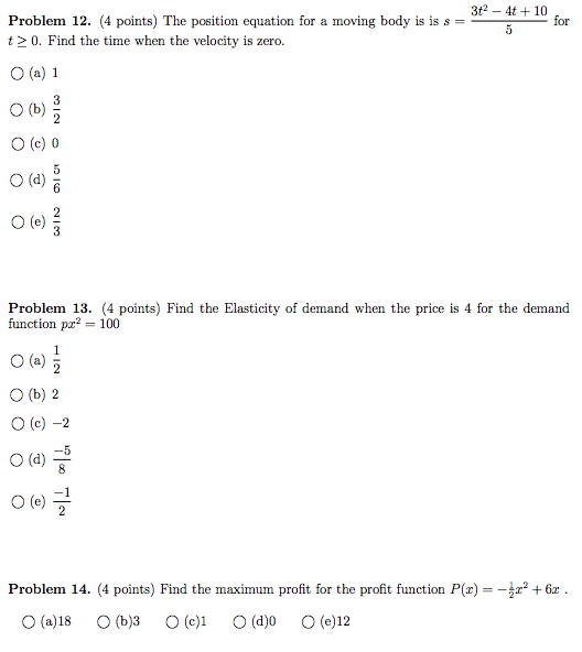 Solved for 3t2 - 4 + 10 Problem 12. (4 points) The position | Chegg.com