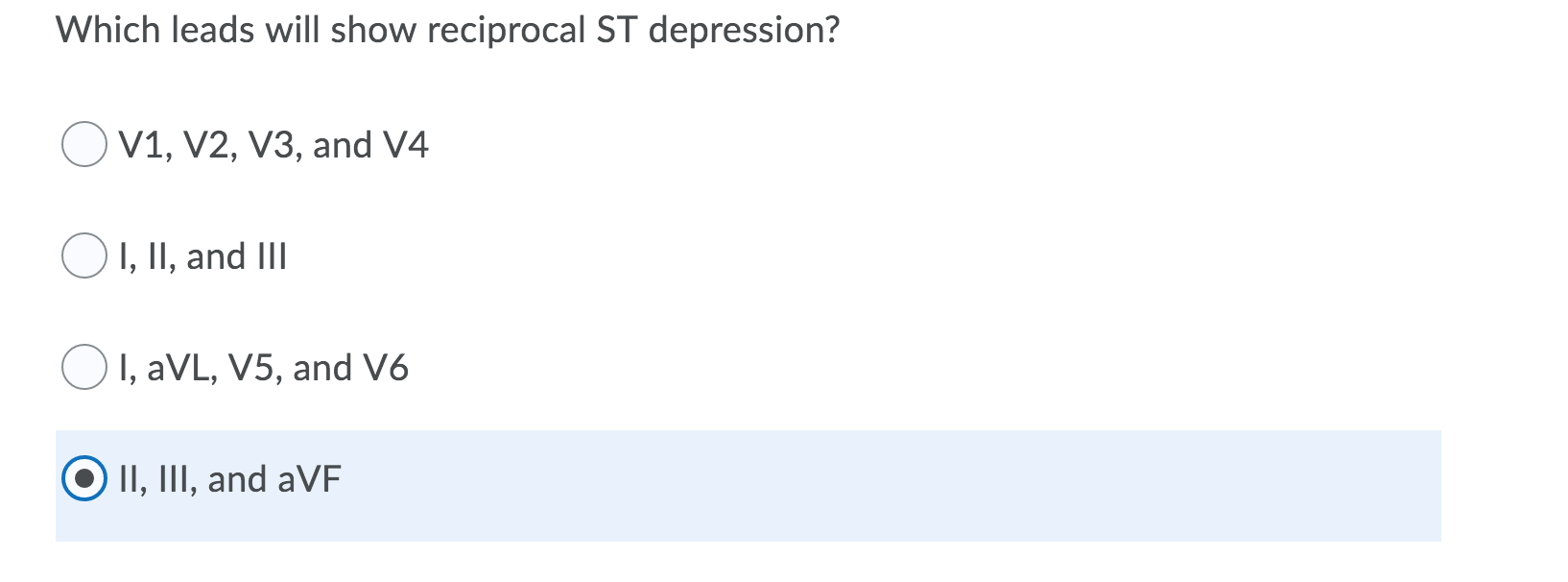 Solved Which leads will show reciprocal ST depression? O V1, | Chegg.com