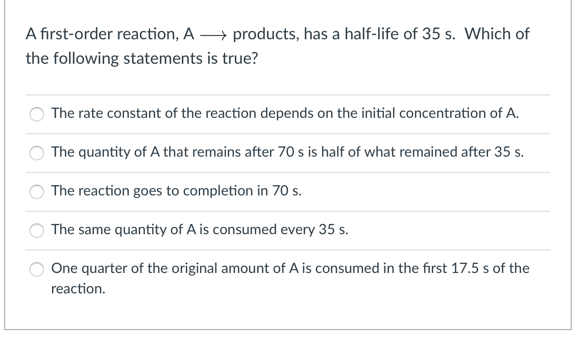 Solved A first-order reaction, A + products, has a half-life | Chegg.com
