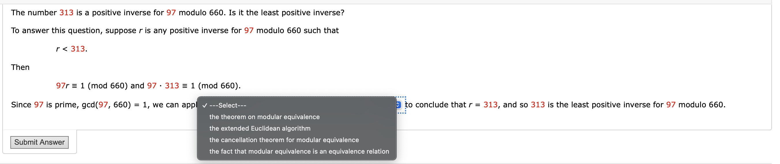 Solved The number 313 is a positive inverse for 97 modulo | Chegg.com