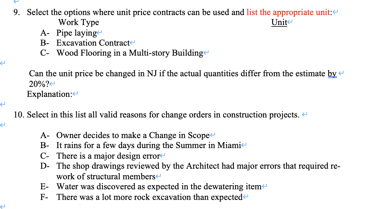 Solved 9. Select the options where unit price contracts can | Chegg.com