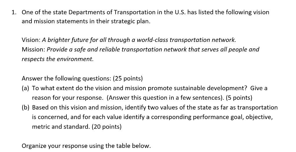 Solved 1. One of the state Departments of Transportation in | Chegg.com
