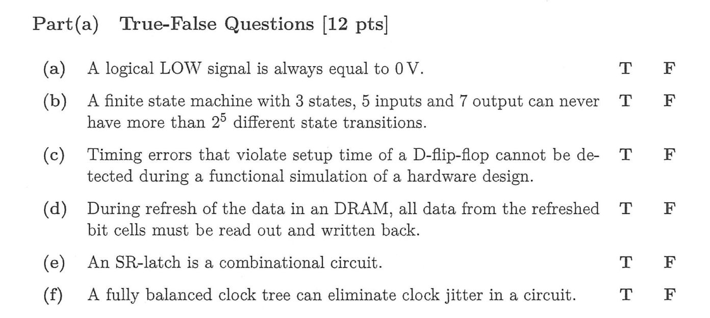 Solved Part(a) True-False Questions [12 pts] (a) A logical | Chegg.com