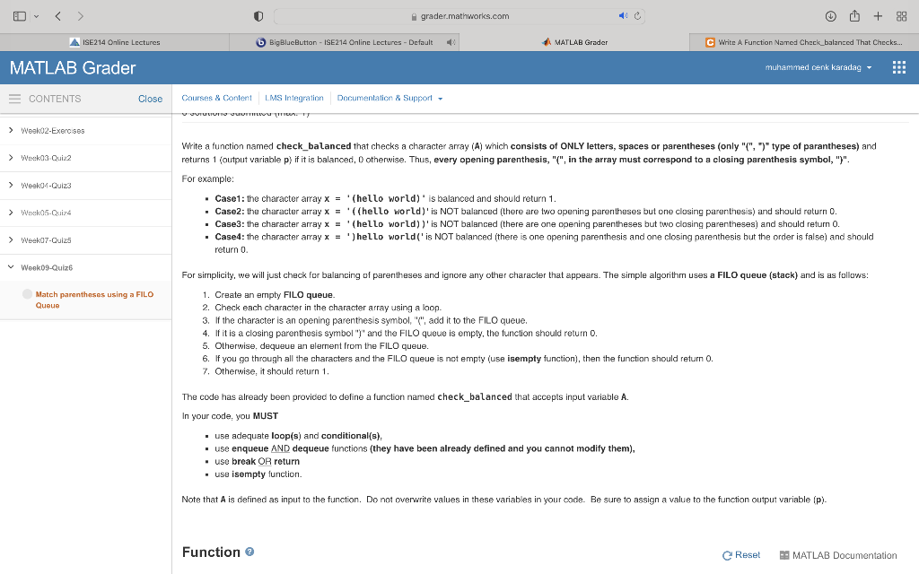 Solved grader.mathworks.com 0 + 88 ISE214 Online Lectures | Chegg.com