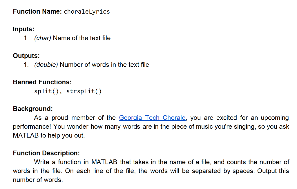 Solved Function Name: choraleLyrics Inputs: 1. (char) Name | Chegg.com